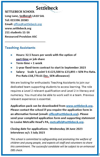 Current Vacancies | Settlebeck School
